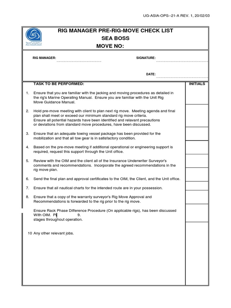 Pre Rig Move Checklists | PDF