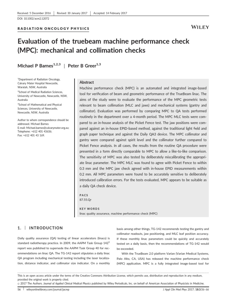 Evaluation of The Truebeam Machine Performance Check (MPC) : Mechanical and Collimation Checks ...
