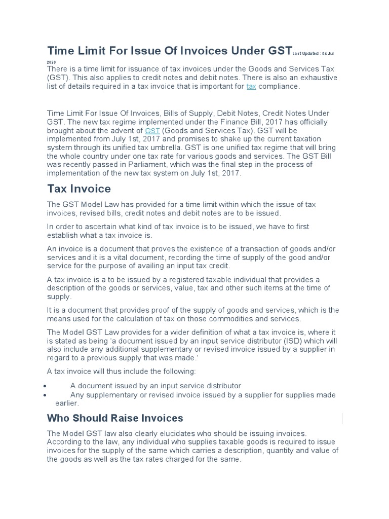 Time Limit For Issue of Invoices Under GST: Who Should Raise Invoices ...