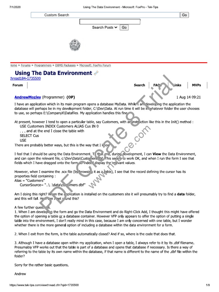 Using The Data Environment - Microsoft - FoxPro - Tek-Tips | PDF