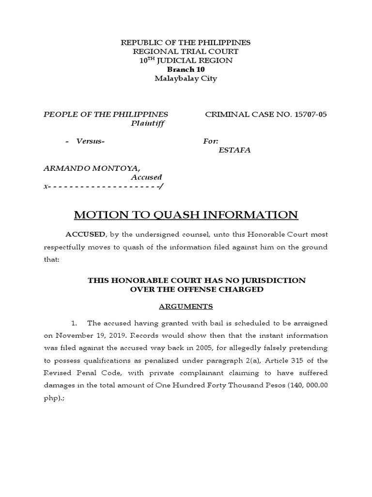 Motion To Quash Information: Branch 10 | PDF | Bail | Crime & Violence