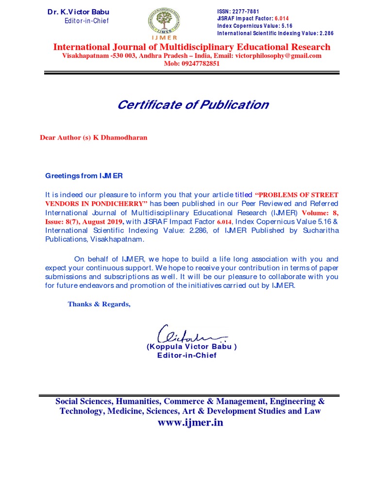 Certificate of Publication From IJMER - 41 PDF | PDF