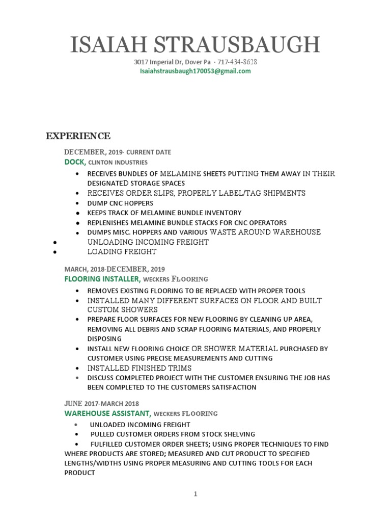 Isaiah Strausbaugh's Work Experience Resume | PDF | Science ...