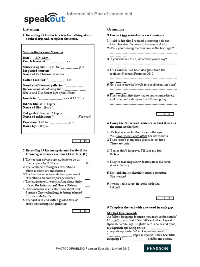 Intermediate End of Course Test: Listening Grammar | PDF