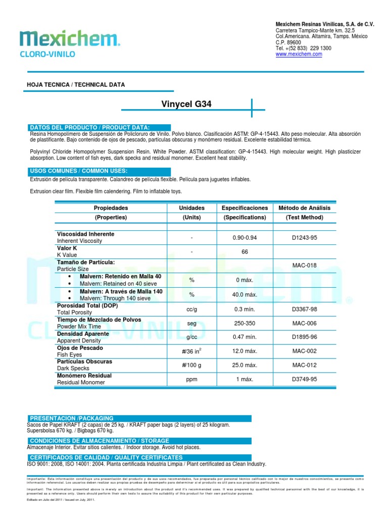 Resina PVC Vinycel G34 de Mexichem | PDF | Sólido amorfo | Polímeros