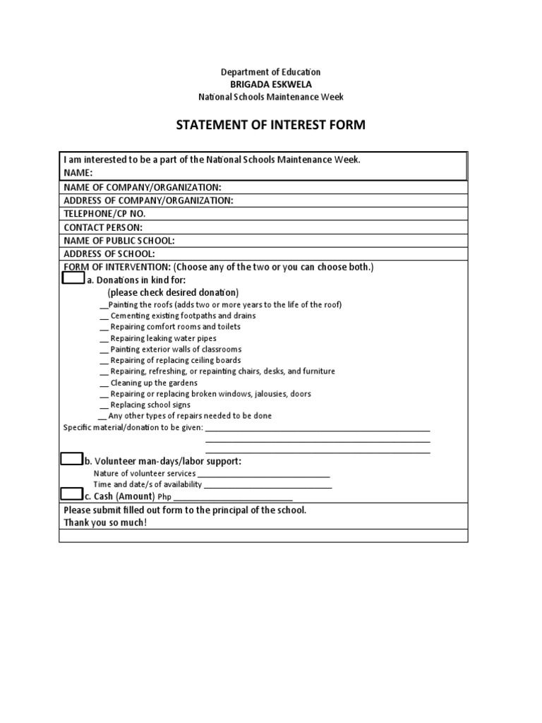 Statement of Interest Form: Brigada Eskwela | PDF