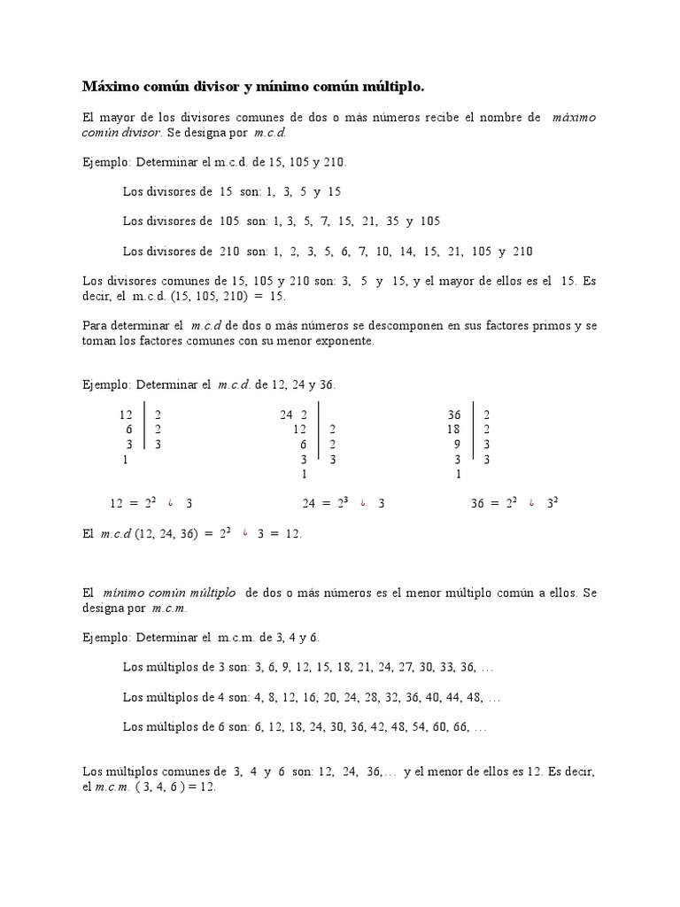 Máximo Común Divisor y Mínimo Común Múltiplo | PDF | Teoría de los ...