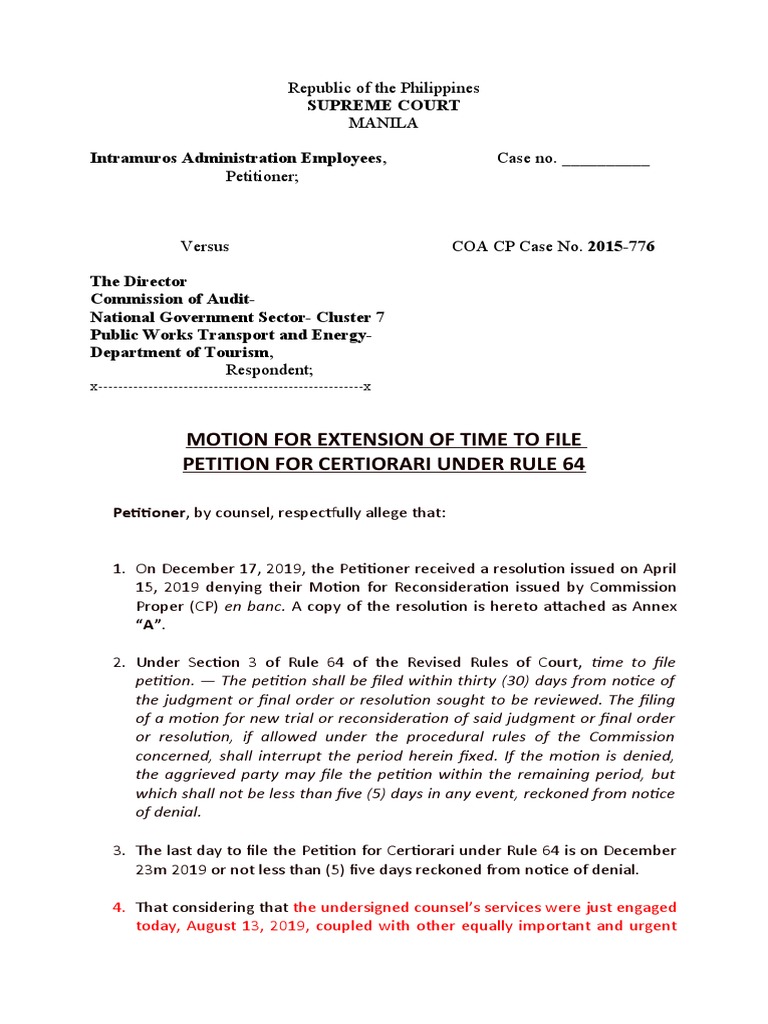 Motion For Extension of Time (Coa Intramuros) | PDF | Certiorari ...