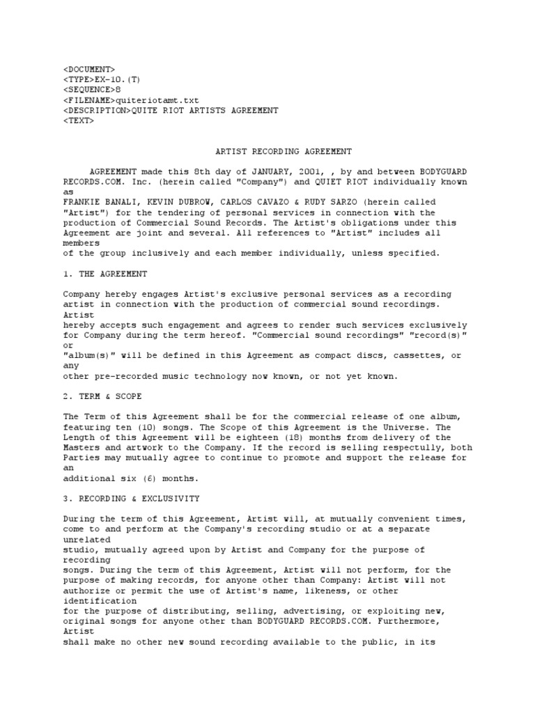Artist Recording Agreement | PDF | Indemnity | Royalty Payment