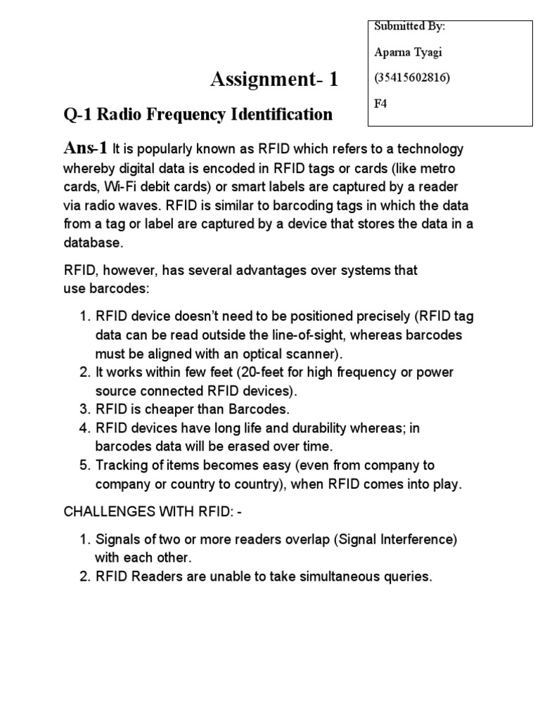 Assignment-1: Q-1 Radio Frequency Identification Ans-1 | PDF | Radio ...