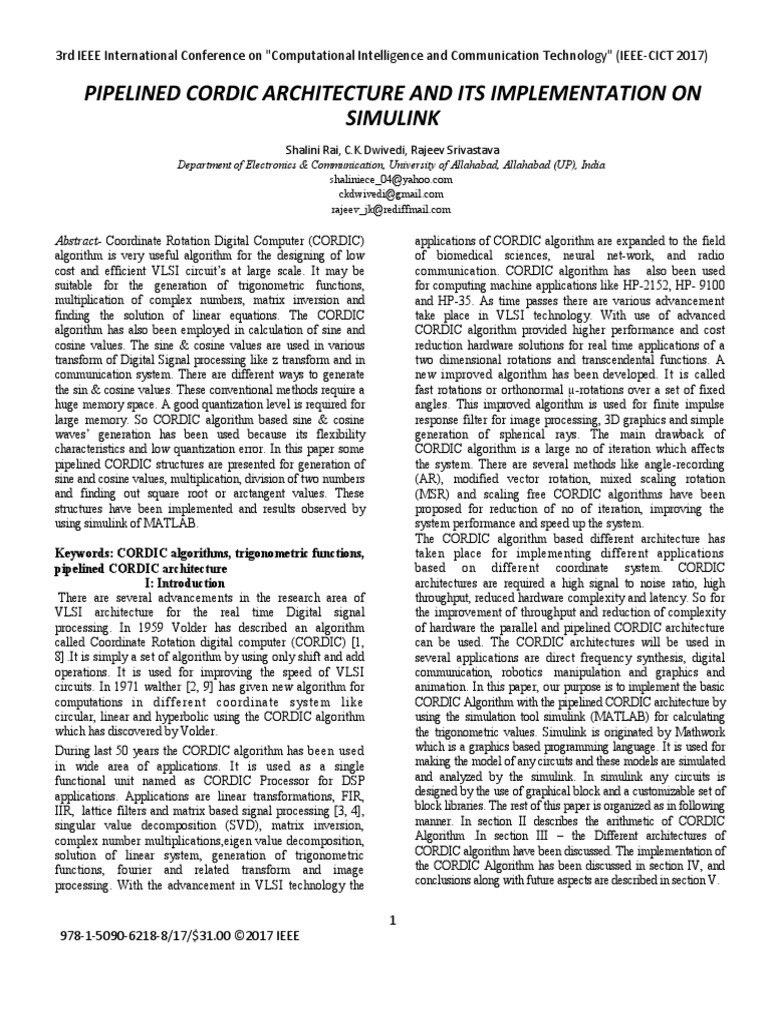 Pipelined Cordic Architecture and Its Implementation On Simulink | PDF ...