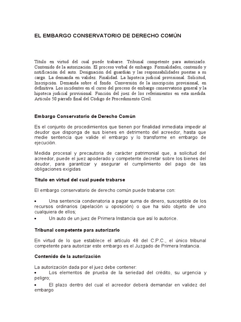 El Embargo Conservatorio de Derecho Común | PDF | Hipoteca Comercial ...