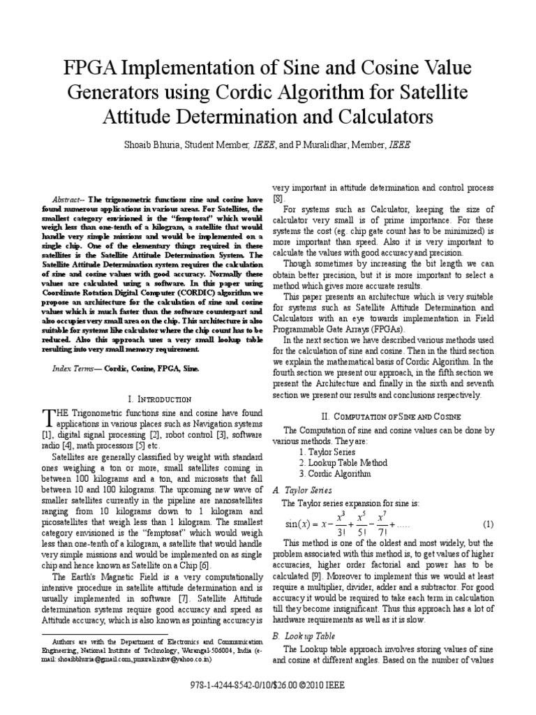 FPGA Implementation of Sine and Cosine Value Generators Using Cordic Algorithm For Satellite ...