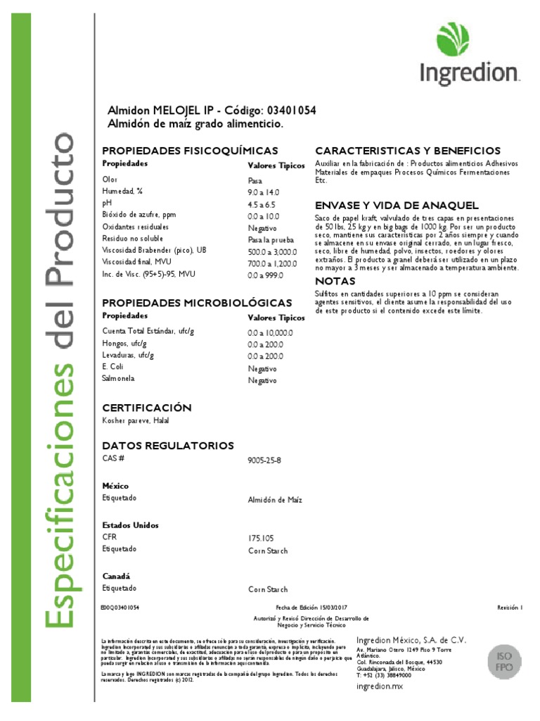 Almidón Melojel IP | PDF | Química | Naturaleza