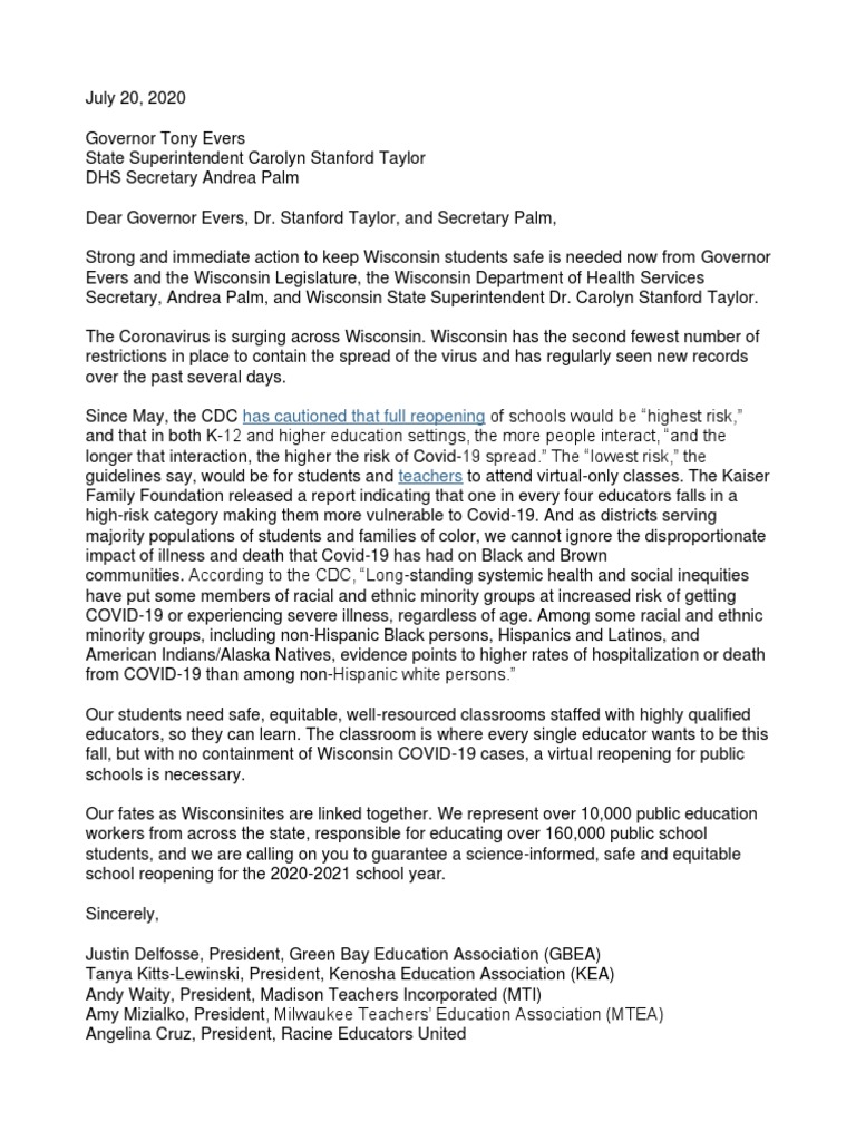 Safe School Reopening Call for Wisconsin | PDF | Wisconsin | Race And ...