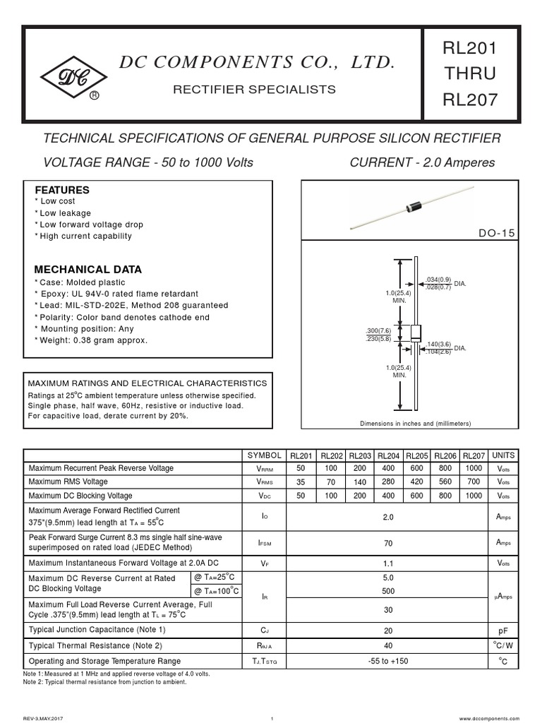 DC Components Co., LTD.: RL201 Thru RL207 | PDF | Rectifier | Capacitor