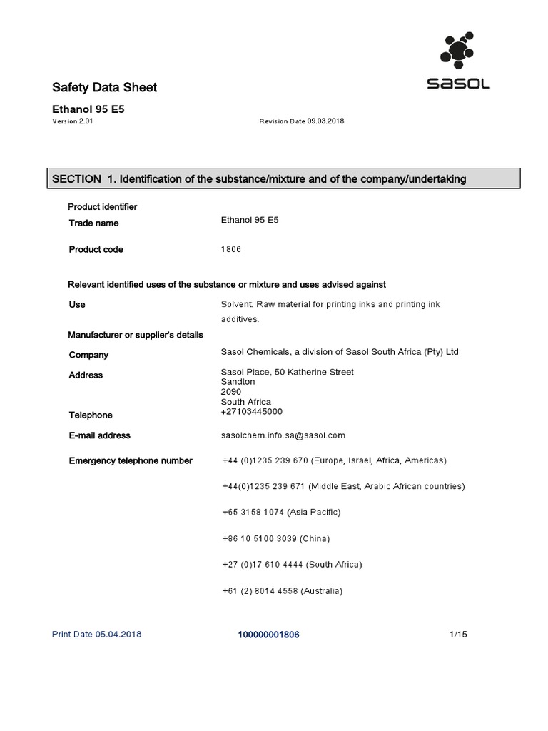 Ethanol 95 E5 Safety Data Sheet | PDF | Safety | Chemistry