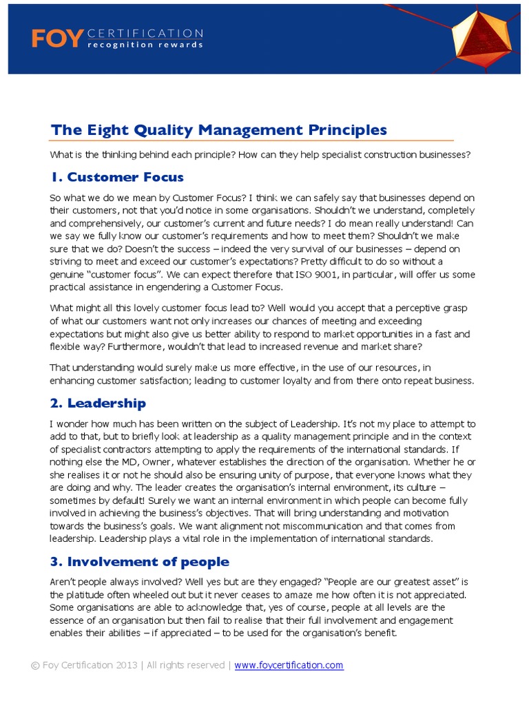 The Eight Quality Management Principles: 1. Customer Focus | PDF ...