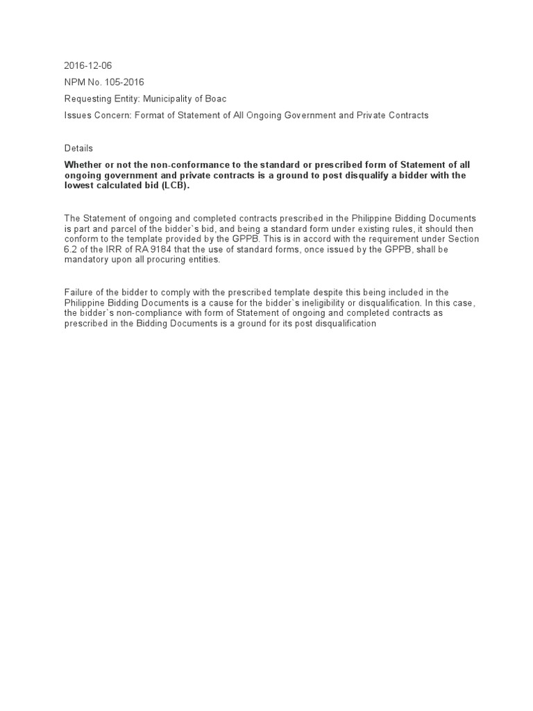 GPPB - Non Conformance To GPPB Template | PDF