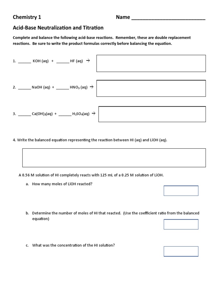 Chemistry 1 Name - Acid-Base Neutralization and Titration | PDF