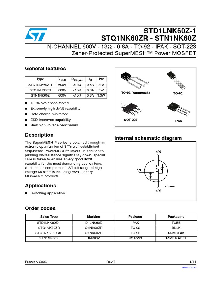 STD1LNK60Z-1 06 PDF | PDF | Diode | Electrical Network