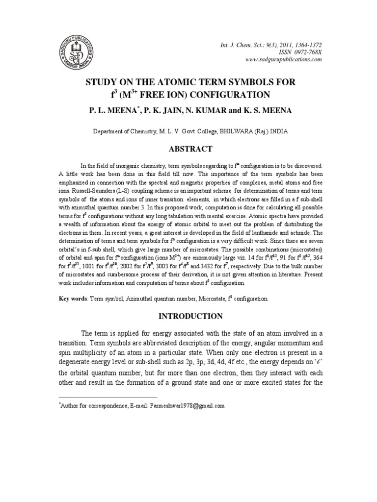 Atomic Term Symbols for f3 Configuration | PDF | Atomic Orbital ...