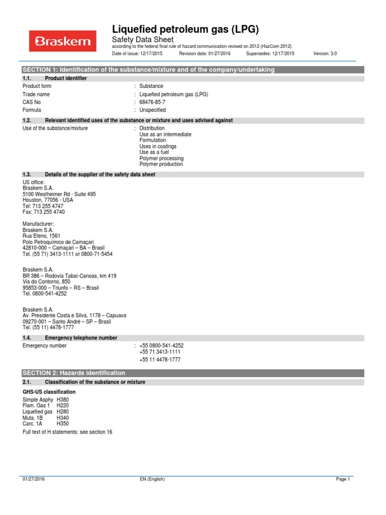 Liquefied Petroleum Gas (LPG) : Safety Data Sheet | PDF | Firefighting ...