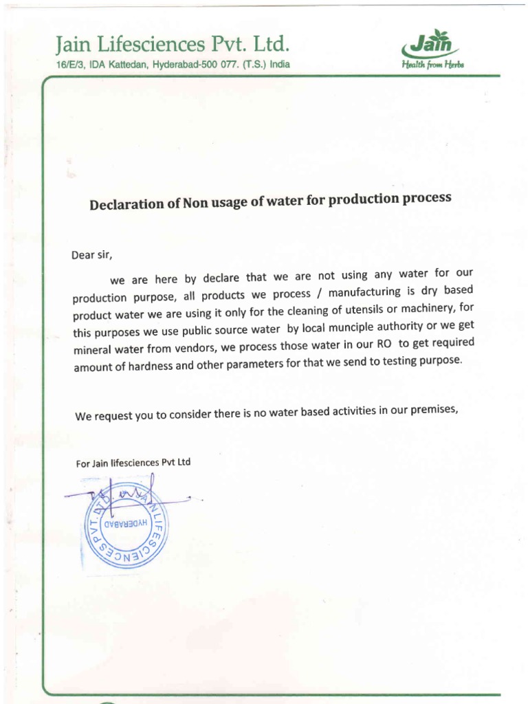 Jain Lifesciences Water Usage Declaration | PDF