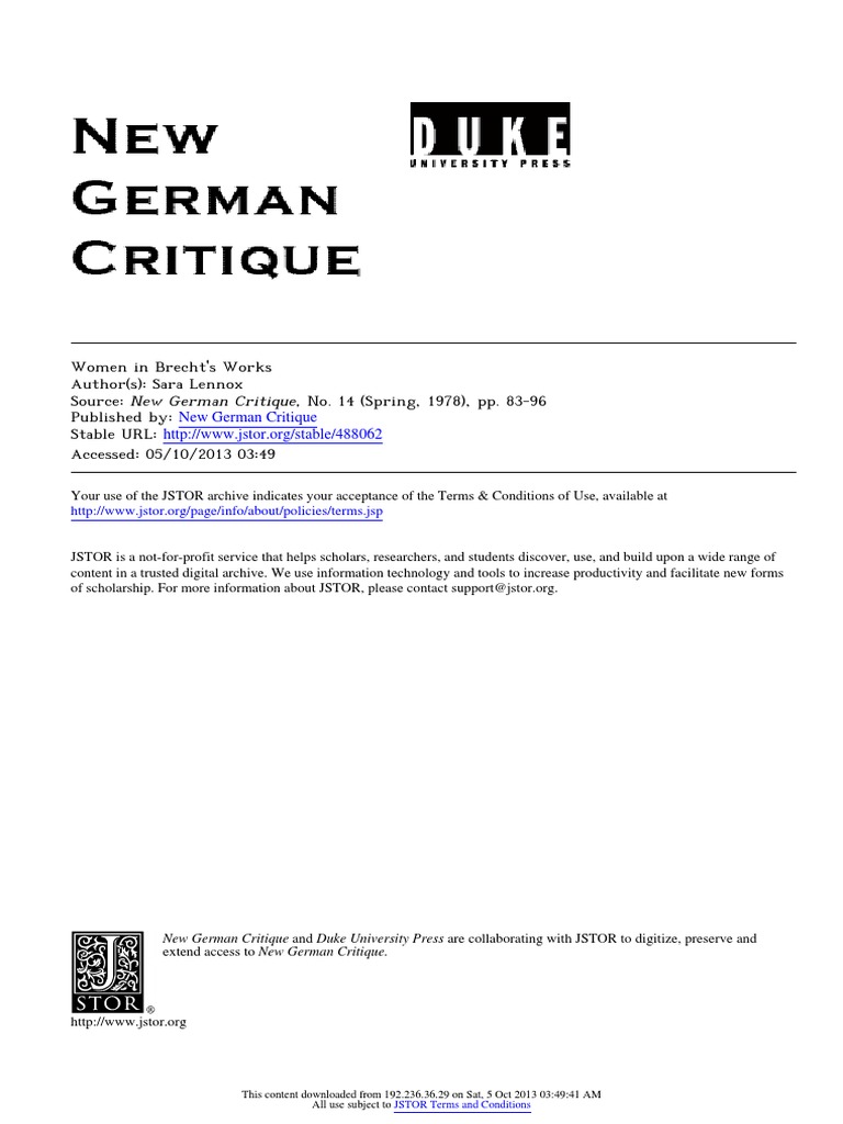 Sara Lennox 1978 - Women in Brecht S Works (New German Review) PDF ...