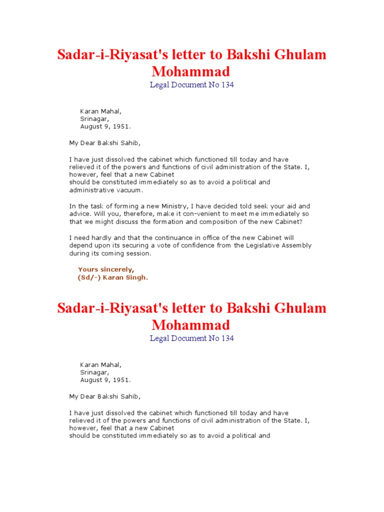 Sadar-I-Riyasat's Letter To Bakshi Ghulam Mohammad | PDF