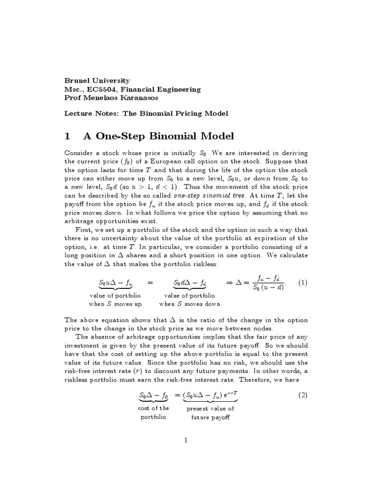 1 A One-Step Binomial Model: Value of Portfolio When Moves Up Value of ...