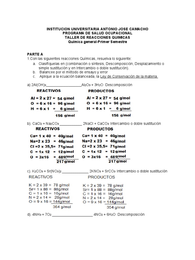 Taller de Reacciones Químicas y Balanceo | PDF | Estequiometría ...