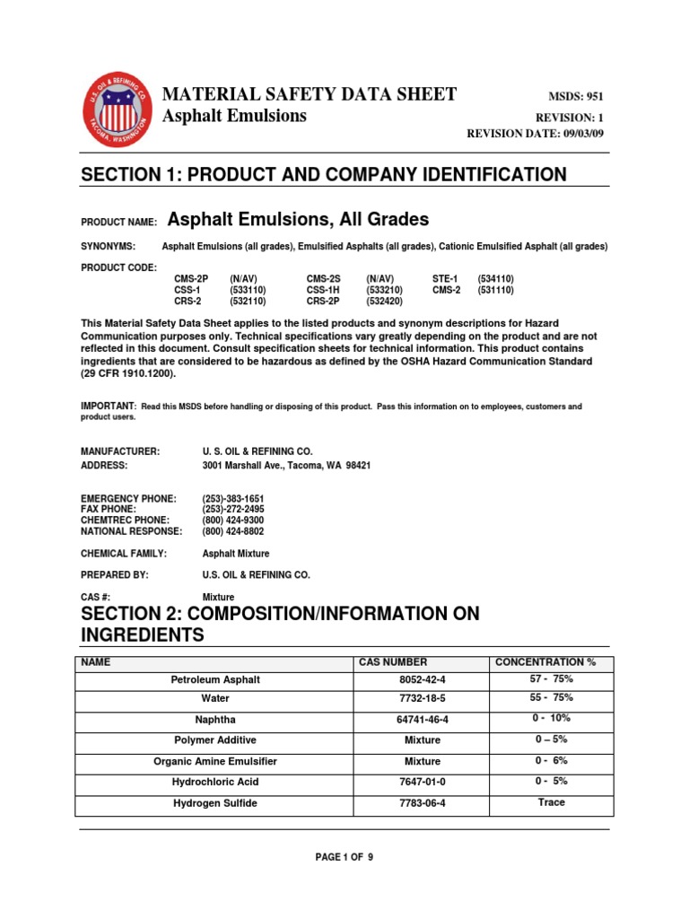 Asphalt Emulsion Safety Data Sheet | PDF | Dangerous Goods | Combustion