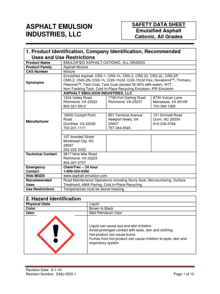 SDS Asphalt Emulsion CRS-1 & CSS-1h | PDF | Dangerous Goods | Hazardous ...