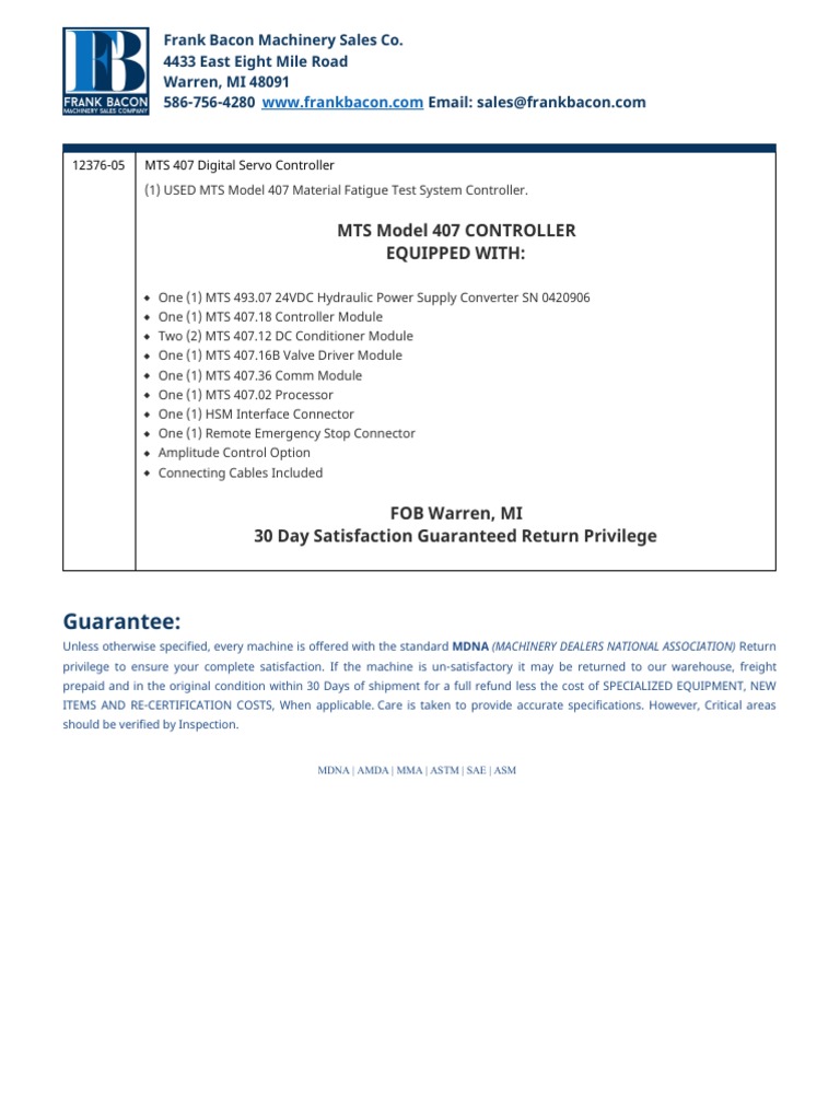 Mts Model 407 Controller Equipped With:: Guarantee | PDF