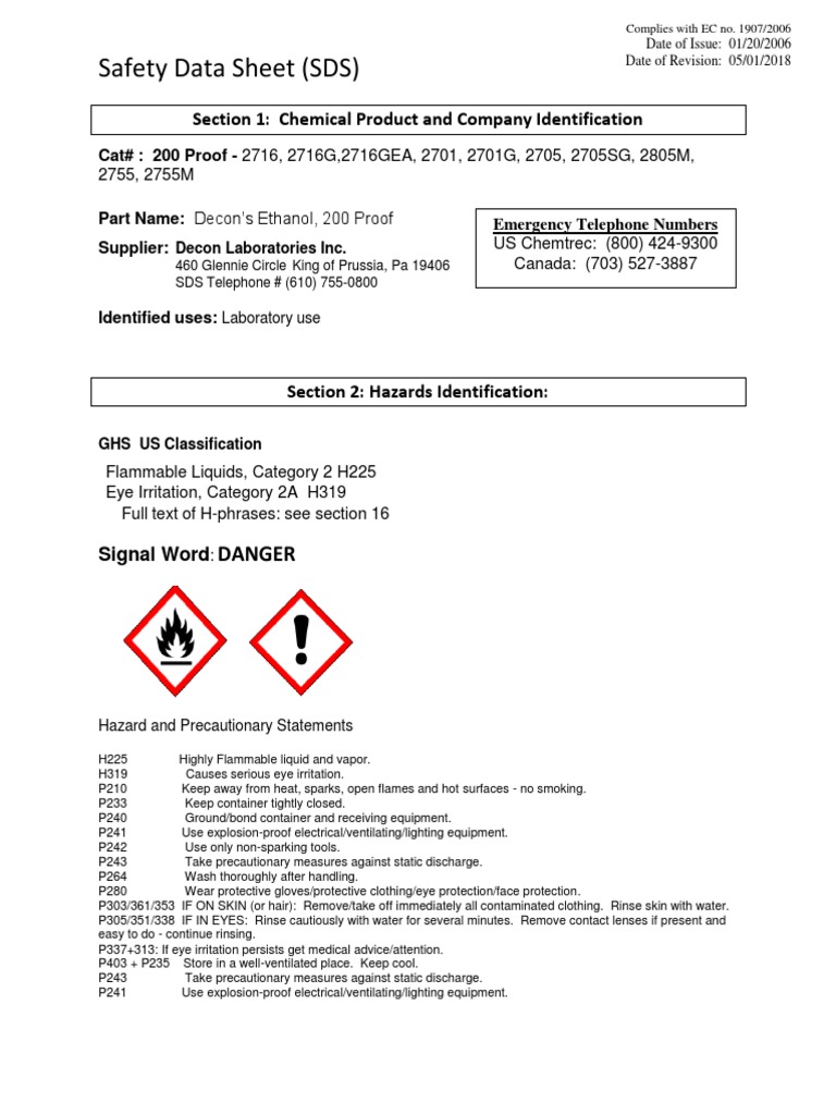 Ethanol 200 Proof Safety Data Sheet | PDF | Dangerous Goods | Firefighting