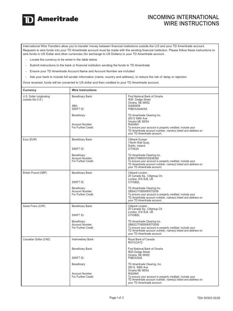 Incoming International Wire Instructions-TDA 0320 | PDF | Wire Transfer ...