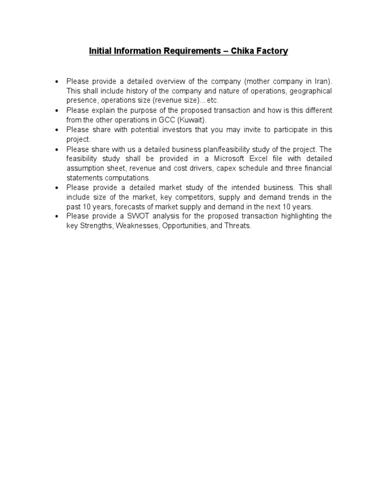 Initial Information Requirements - Chika Factory | PDF