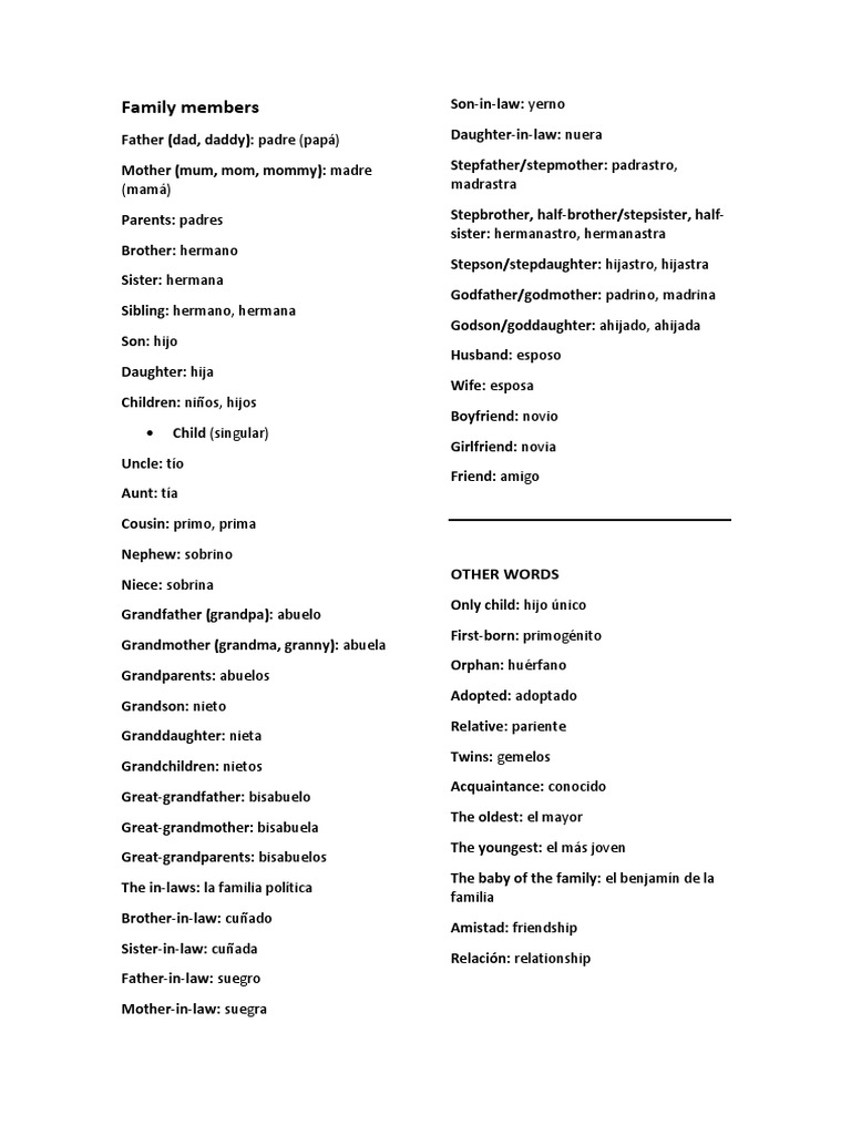 A Comprehensive Spanish Family and Relationship Terms Glossary | PDF ...