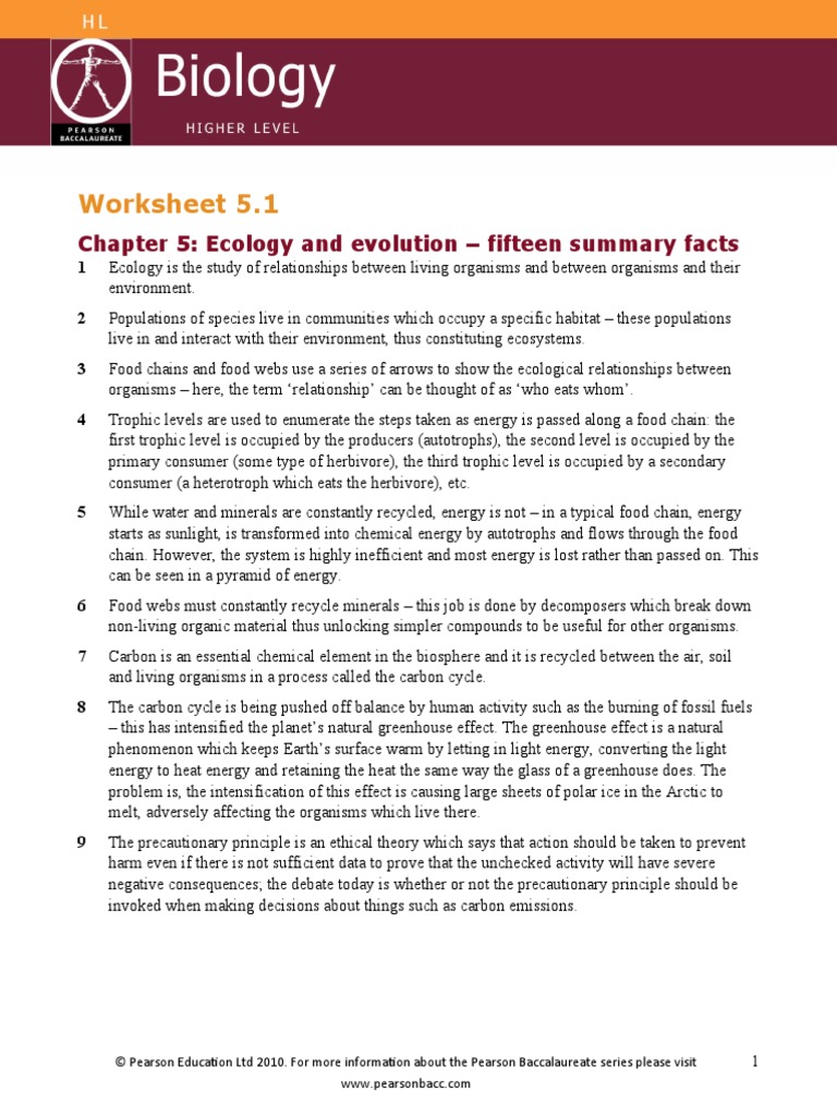 Worksheet 5.1: Chapter 5: Ecology and Evolution - Fifteen Summary Facts ...