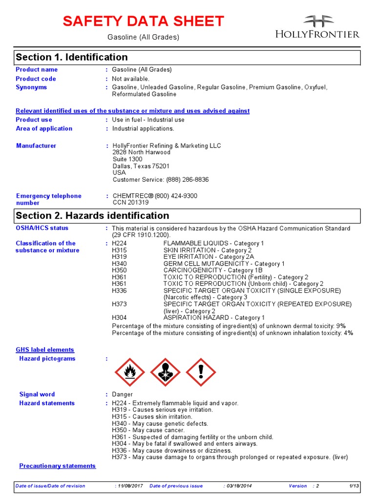 MSDS Gasoline by HollyFront (2017) | PDF | Toxicity | Firefighting