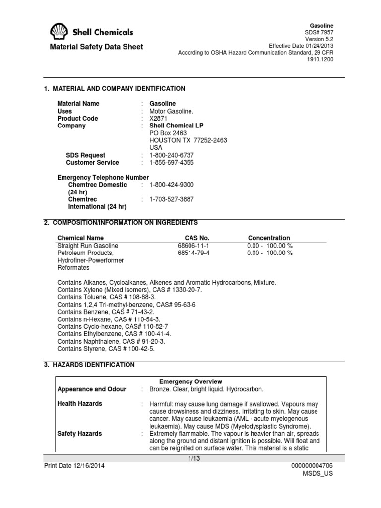 MSDS Gasoline by Shell (2013) | PDF | Benzene | Dangerous Goods