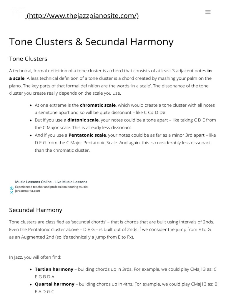 Tone Clusters & Secundal Harmony - The Jazz Piano Site | PDF | Scale ...