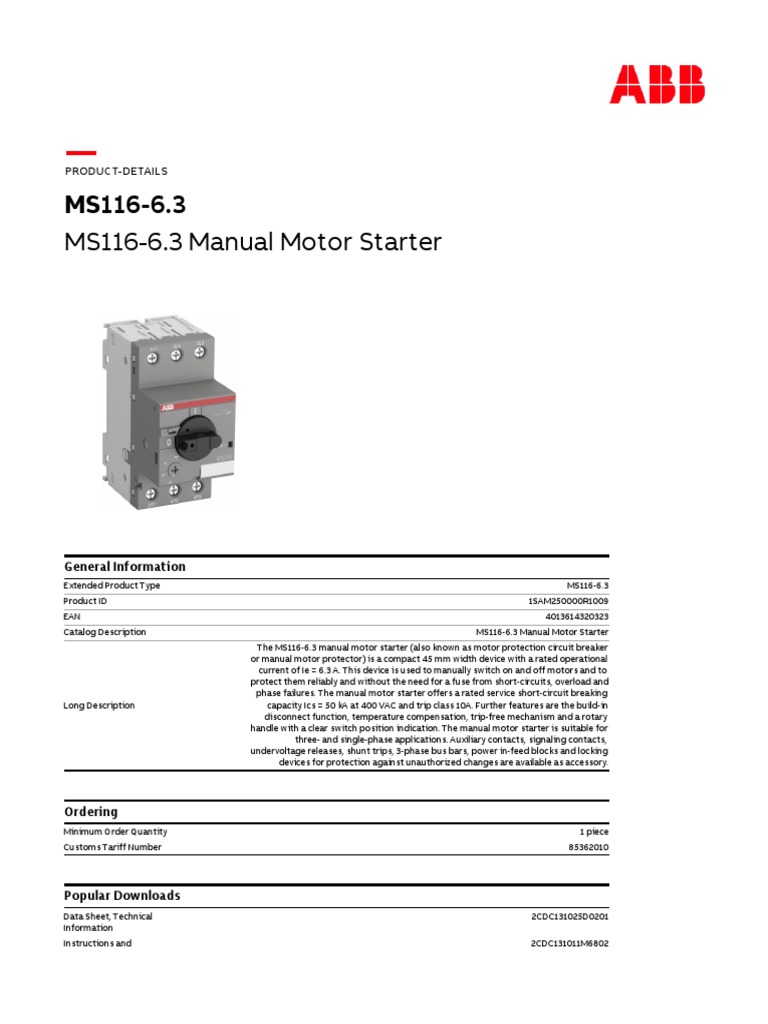 MS116-6.3 Manual Motor Starter: Product-Details | PDF | Fuse ...