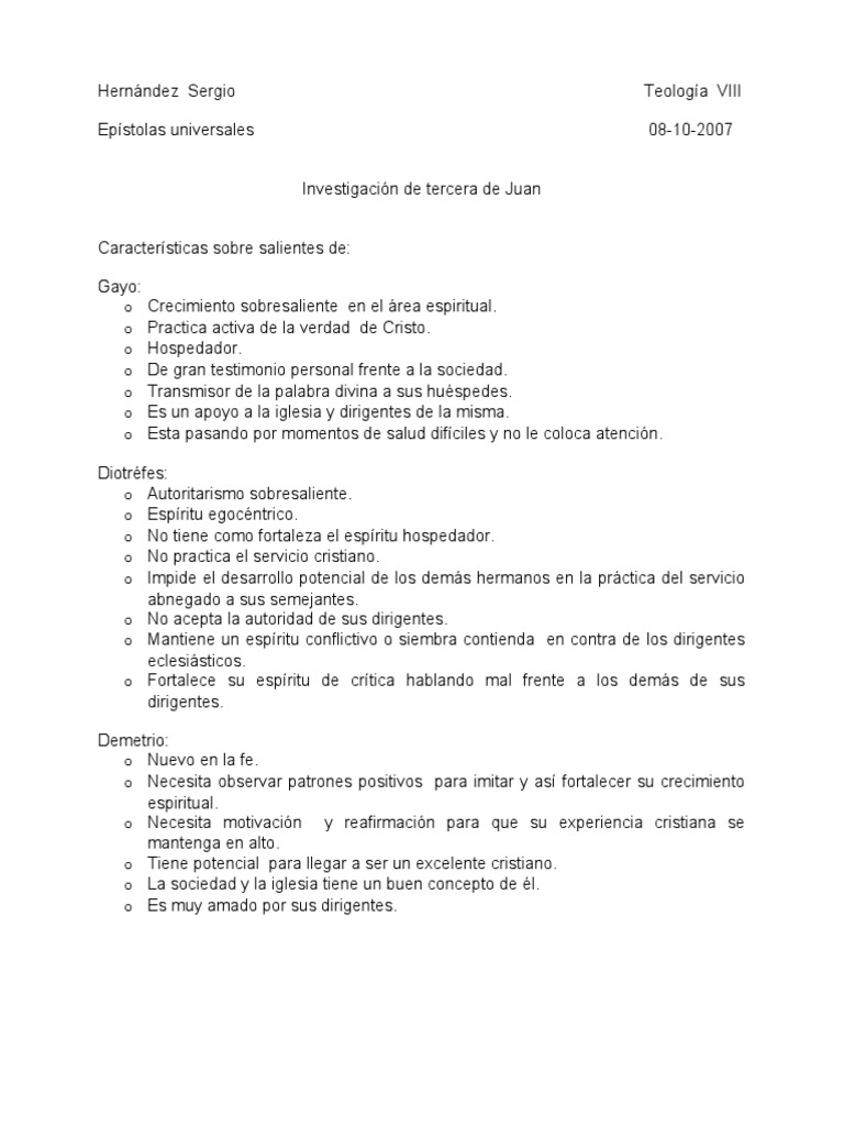 Características de Gayo, Diotrefes y Demetrio en 3 Juan | PDF | Alma ...