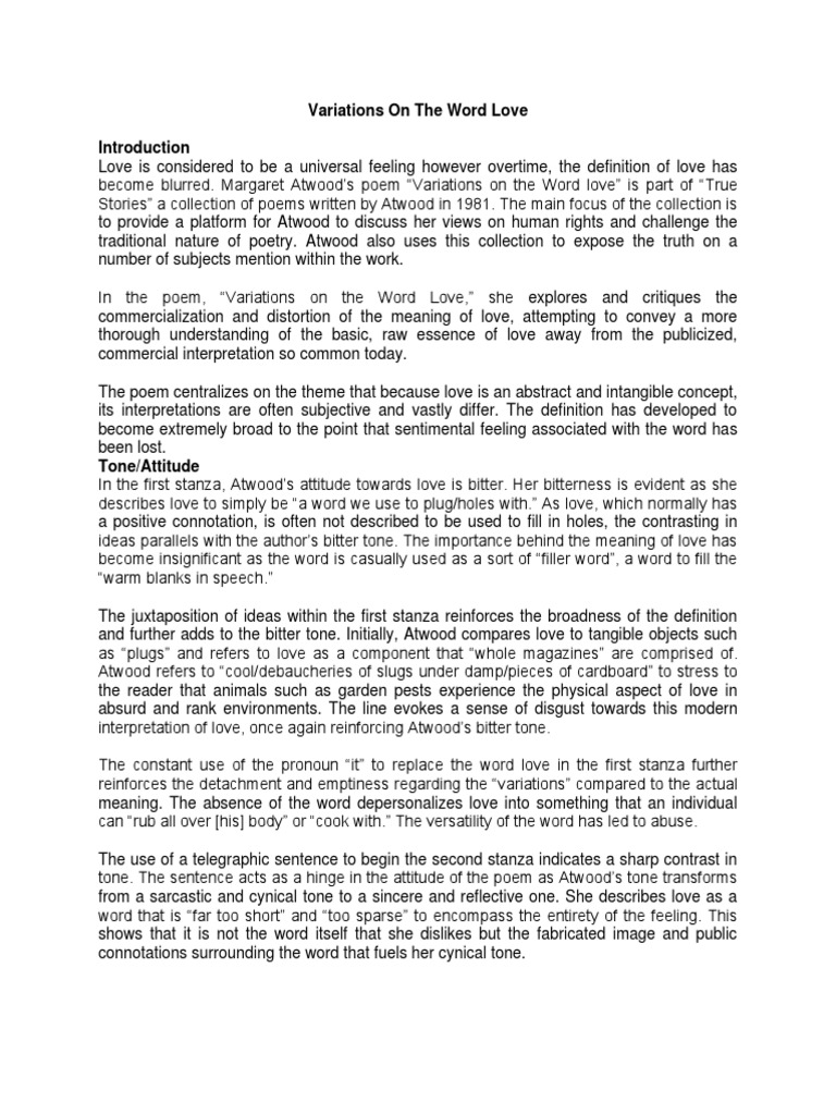 Variations On The Word Love - Atwood (Short Analysis) | PDF | Poetry | Love