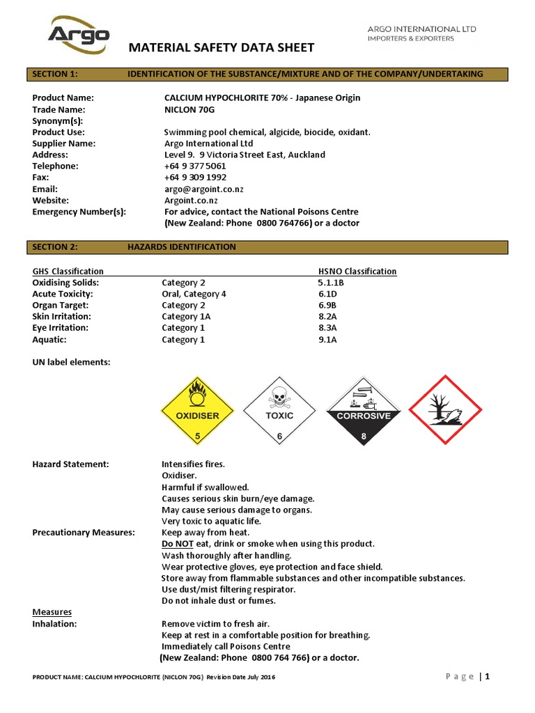 Material Safety Data Sheet: Product Name: Calcium Hypochlorite (Niclon ...