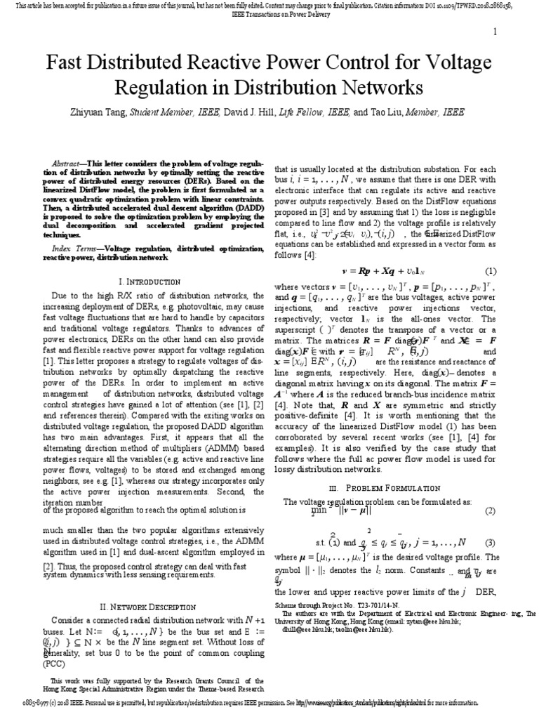Fast Distributed Reactive Power Control For Voltage Regulation in Distribution Networks | PDF ...