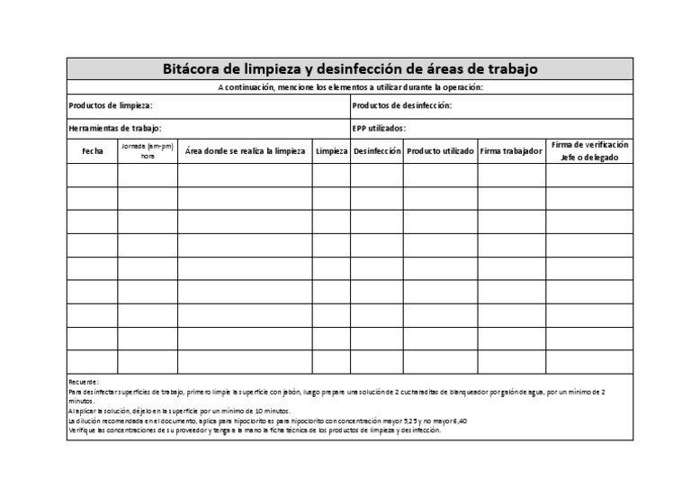 Bítacora de Limpieza y Desinfección | PDF