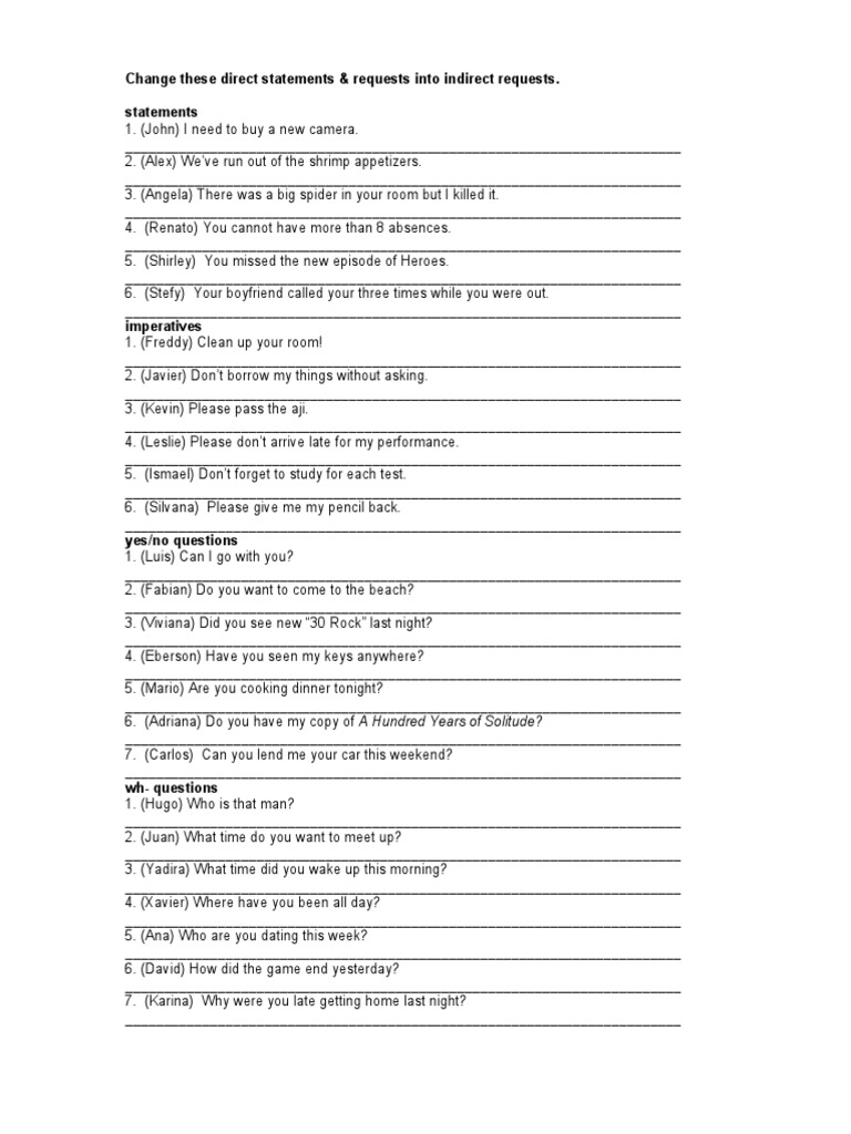 Change These Direct Statements & Requests Into Indirect Requests ...